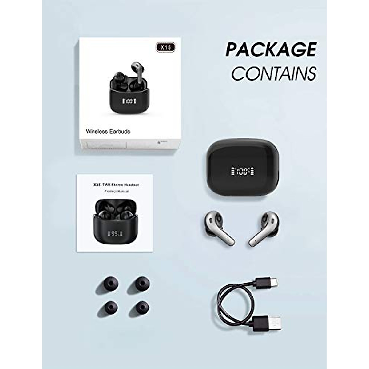 Tiksounds Wireless Earbuds, Bluetooth Headphones with Microphone, IPX7 Waterproof, 35H Playtime with LED Power Display, High-Fidelity Stereo Earphones for Sports and Work