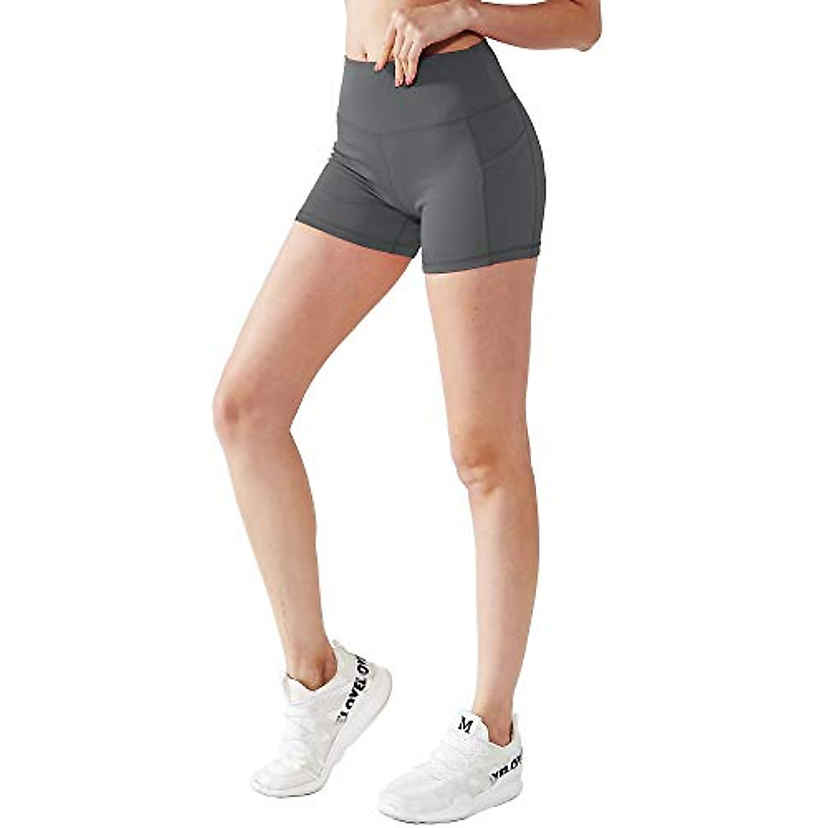 CADMUS Women's High Waist Yoga Shorts Spandex Running Side Pockets, 16#, Navy & Grey & Black,Medium