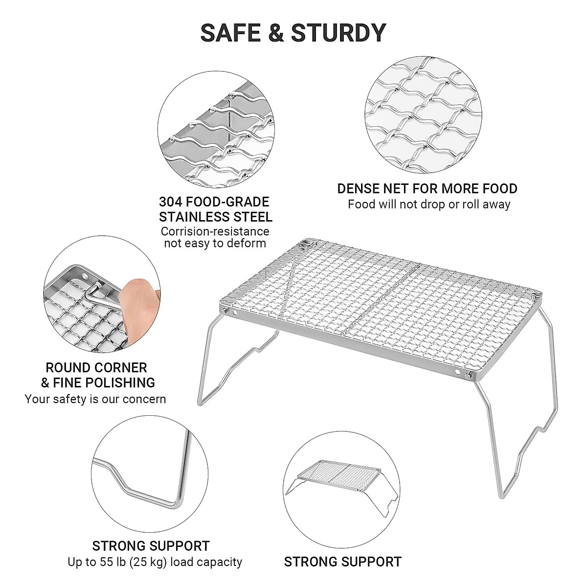 yETO Folding Campfire Grill Grate Over Fire Pit Camping Portable Fire Grate 304 Stainless Steel Cooking Grate with Adjustable Legs & Carry Bag for Camping Hiking Backpacking BBQ Outdoors