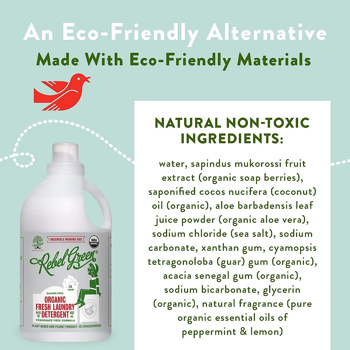 Rebel Green Laundry Detergent, Organic and Sulfate Free Hypoallergenic Laundry Soap, Unscented, 64 Load Bottle