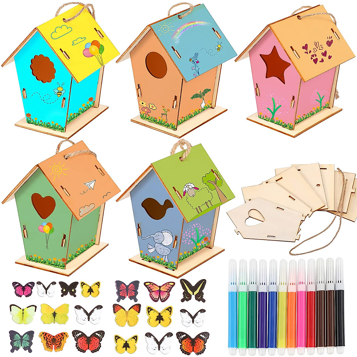 Outus Wooden DIY Craft Doodle Small Bird House Set Include Unfinished Wood Mini Bird House to Paint and Watercolor Paint Pen and 3D Butterfly Wall Sticker Decals for Kids Adults (15 Sets)
