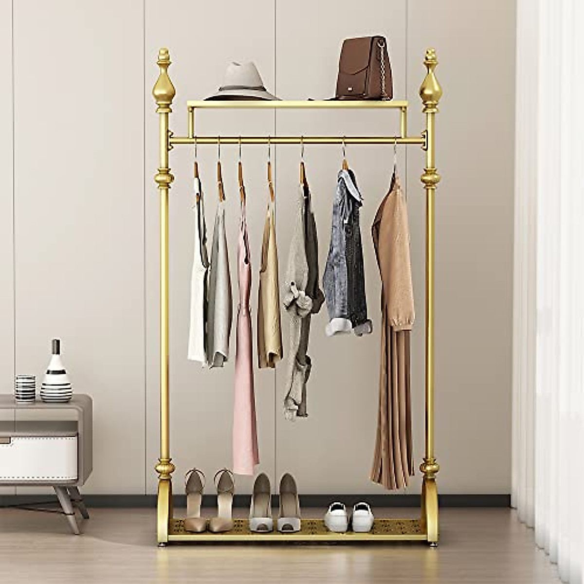 Clothing Rack Gold, Industrial Clothes Rack for hanging Clothes with Double Shelves Freestanding Multi-functional Heavy Duty Garment Rack, Metal Movable Coat Rack for Organizing Clothes Shoes