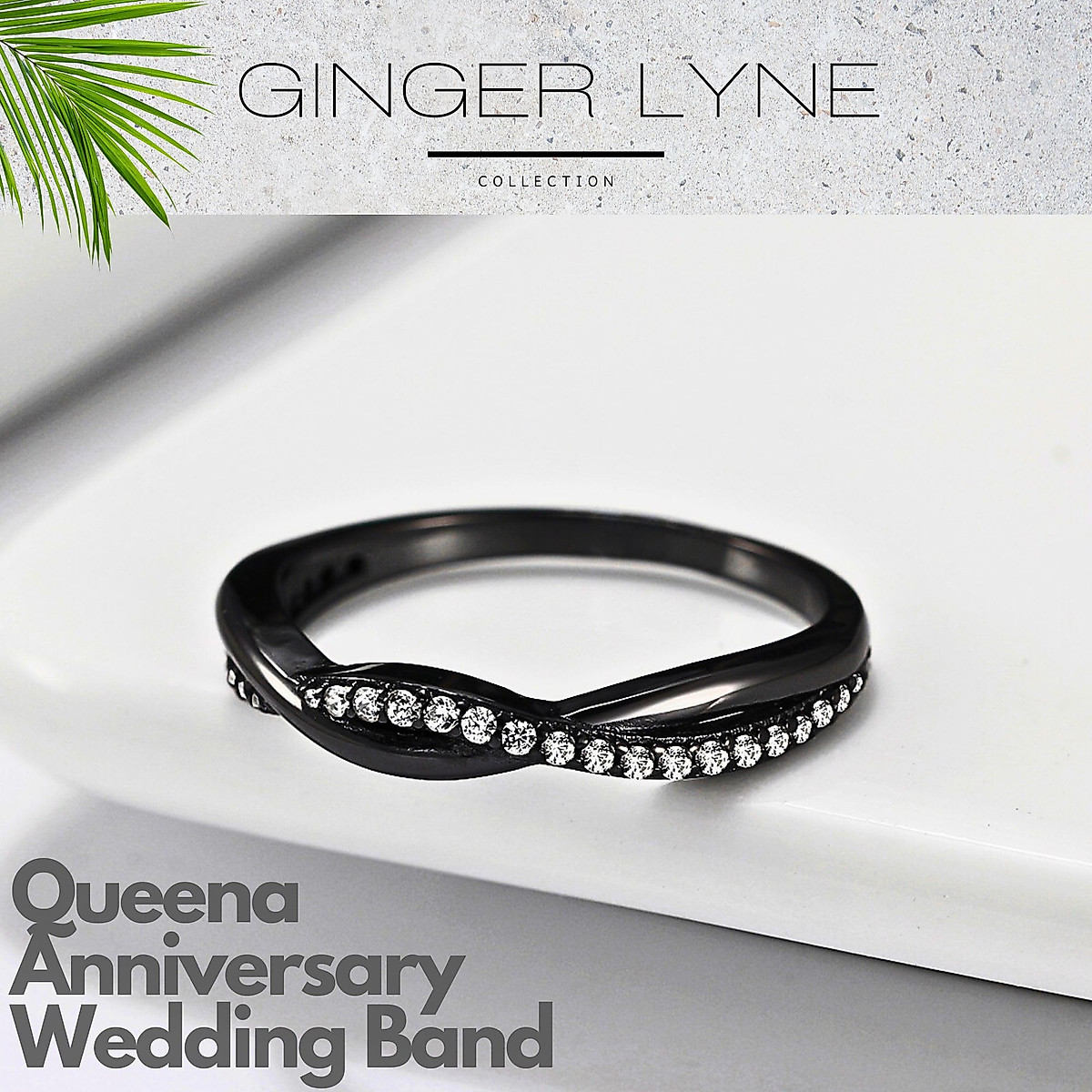 Half Eternity Twisted Wedding Band for Women by Ginger Lyne, Black 925 Sterling Silver Wedding Rings CZ Stackable Rings, Promise Ring for Her Anniversary Cubic Zirconia Engagement Rings for Women