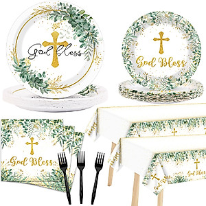 98pcs God Bless Plates Baptism Tableware First Holy Communion Mi Bautizo Disposable Tableware Set with Plates Napkins Tablecloth for Newborn Baby Shower Party Christening Religious Party Decorations