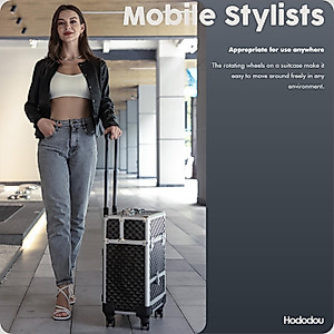 Hododou Rolling Makeup Case Cosmetic Travel Trolley Storage Sliding Drawer 4 Tray Makeup Travel Case with Wheels Salon Barber Case Traveling Cart Trunk for Cosmetologist Nail Tech Hairstylist Black