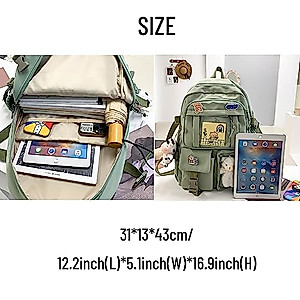 srdmuph Kawaii Backpack with Cute Accessories Pin Pendant Travel Laptop Bag Large Outdoor Waterproof Casual Daypack Women (Green)