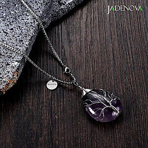 JADENOVA Natural Amethyst Necklace Healing Purple Crystal Necklaces for Women Tree of Family Pendant Family Tree Wire Wrapped Jewelry Energy Healing Teardrop pendant (24 Inches Stainless Steel Chain)