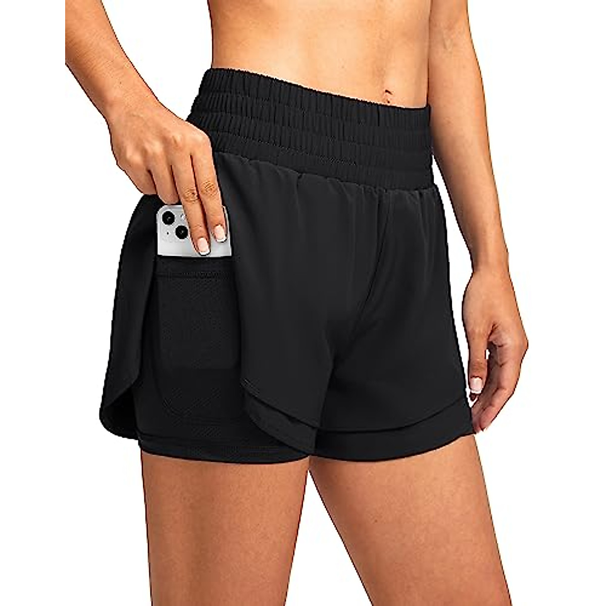 Soothfeel Women's 2 in 1 Running Shorts High Waisted Athletic Shorts Exercise Gym Workout Shorts for Women with Pockets Black