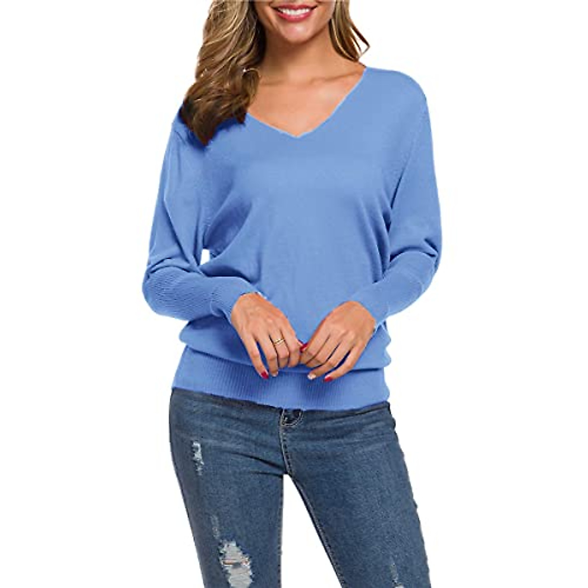 Women's Long Sleeves V Neck Cashmere Blend Sweater, Batwing Sleeves Women Tops Fall Sweaters, X01 V Neck Bat Sleeve Blue, US Large = Tag 4XL