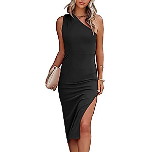 ANRABESS Women's Wedding Guest Dress Sleeveless One Shoulder Bodycon Slit Cocktail Midi Dress A884-heise-M Black