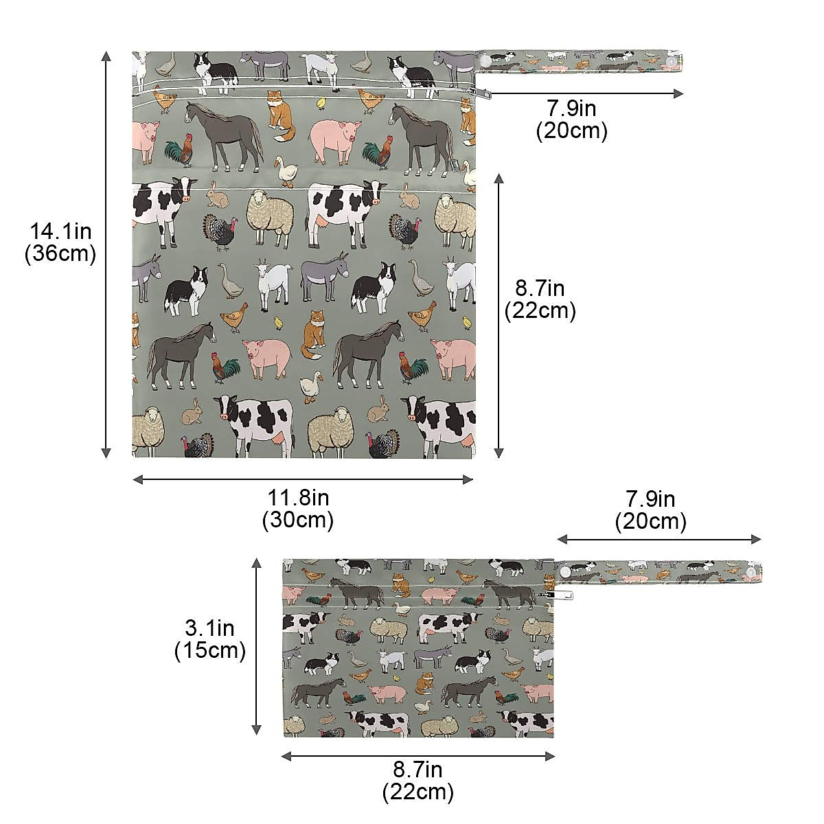 Blueangle Farm Animals Pattern Wet Dry Bag Cloth Diaper Bags - Waterproof Washable Reusable Diaper Organizer，2 Pack