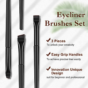 AQUEEN Eyeliner Brush-3 PCS Precision Gel Fine Eyeliner Brush-Ultra Thin Flat and Angled Eyeliner Brush, Premium Quality Soft Eyeliner Brushes for Makeup Tools.(Black)