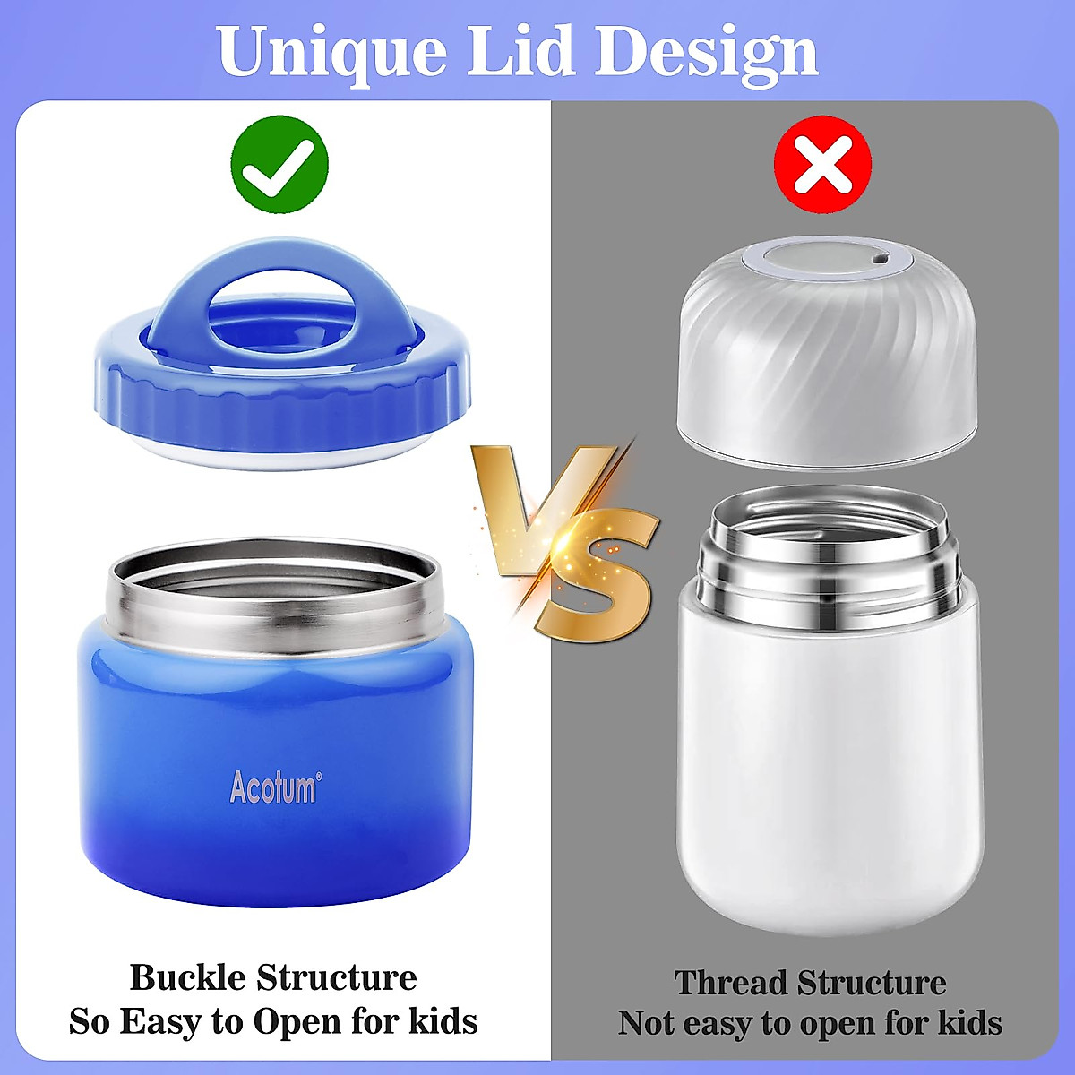 ACOTUM Insulated Thermo Food Jar for Kids - 12 Oz Capacity, Suitable for Hot & Cold Foods, Leak-Proof Vacuum Stainless Steel Design with Wide Mouth for Lunches, Soups and Travel(Blue)