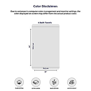 Tens Towels Large Bath Towels, 100% Cotton, 30 x 60 Inches Extra Large Bath Towels, Lighter Weight, Quicker to Dry, Super Absorbent, Perfect Bathroom Towels (Pack of 4, White)