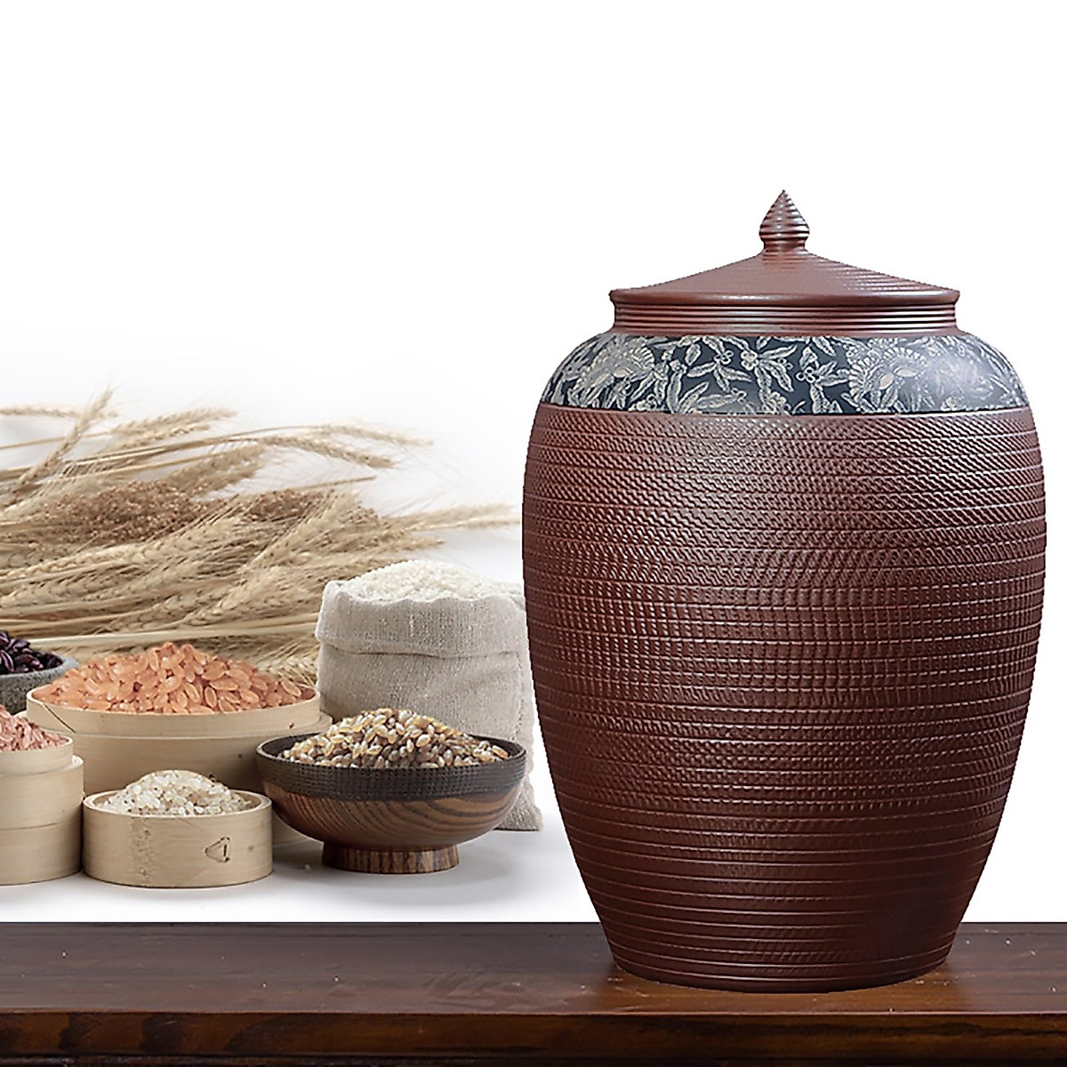 Home Rice Storage Box - Classic Food Storage Porcelain Bottle, Kitchen Sealed Jar With Lid Grain Dispenser(10/25 / 50KG), Ceramic Food Storage Jar Beans Corns Wheat Oatmeal Grain Storage Bin(A,Capac