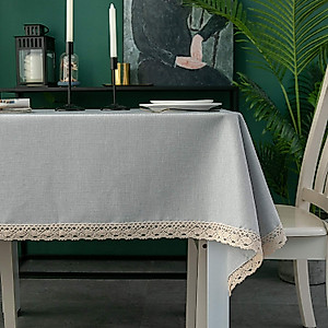 EHouseHome Faux Linen Tablecloth with Lace Trim - Waterproof/Spill Proof/Stain Resistant/Wrinkle Free/Oil Proof - for Banquet, Parties,Dinner,Kitchen,Wedding,Holiday,Silver Grey Square 70X70Inch