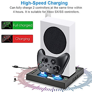 Cooling Fan Stand for Xbox Series S Console with Dual Cooler System, Vertical Charging Station Dual Controller Charger Dock with 2x1400mAh Rechargeable Battery Pack,1 Headset Hanger &4 Type C Adapter