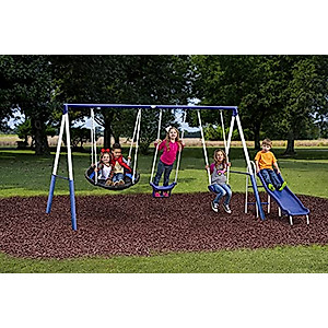 XDP Recreation Swingin' More Fun - Outdoor Backyard Playground Kids Swing Set. White/Blue & XDP Recreation 70113 Swing Set, Trampoline & Patio Furniture Metal Ground Anchor Kit Hardware, Bronze