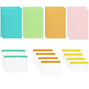 HOMGEN Exclusive Innovation 8pcs Refrigerator Liners&10Pcs Reusable Snack Bags for Kids Set (4 Reusable Sandwich Bags, 4 Reusable Snack Bags, 2 Freezer Gallon Bags) Perfect for Fridge Used