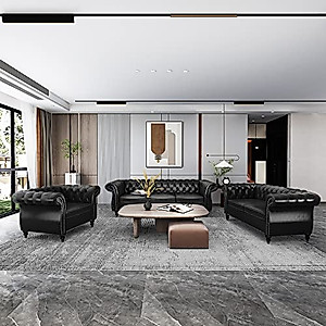 3 Piece Living Room Set, Chesterfield Leather Sofa Loveseat Couch Chair with Scroll Arms and Nailhead for Living Room, Office (Black)