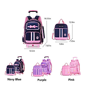 ZHANAO Rolling Trolley Bag Wheeled Backpack Bowknot for Girls Primary Schoolbag 3Pcs with Crossbody Bag Pencil Case