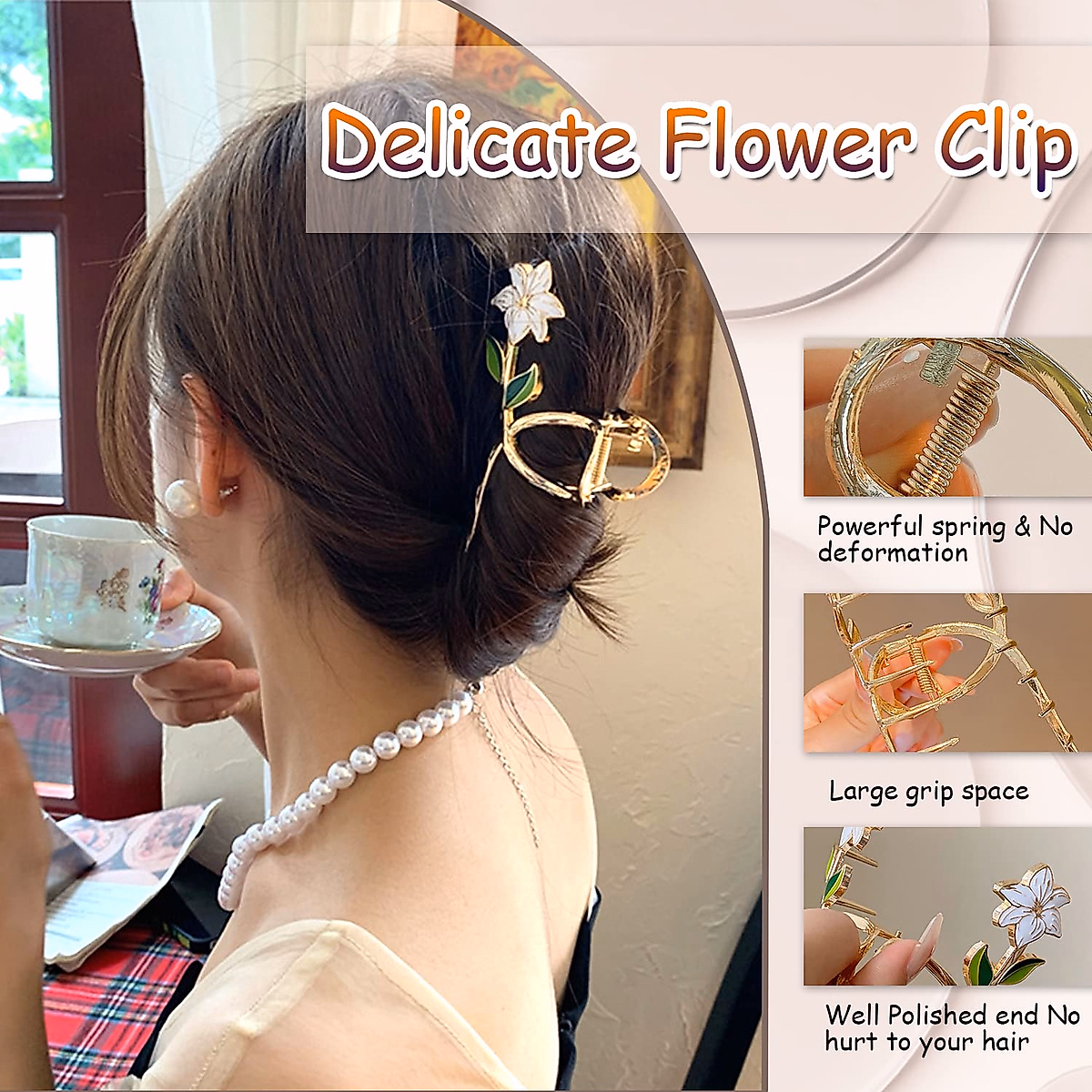 Flower Metal Hair Claw Clips for Thick/Thin Hair - Decorative Large Gold Lily Barrettes with Strong Hold for Women, 1Pc Hair Accessory