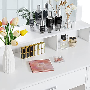 usikey Large Vanity Set with Large Lighted Mirror, Modern Makeup Vanity Table with 3 Drawers, 2 Storage Cabinets & 10 LED Bulbs, Dressing Table with Cushioned Stool for Women, Bedroom, White