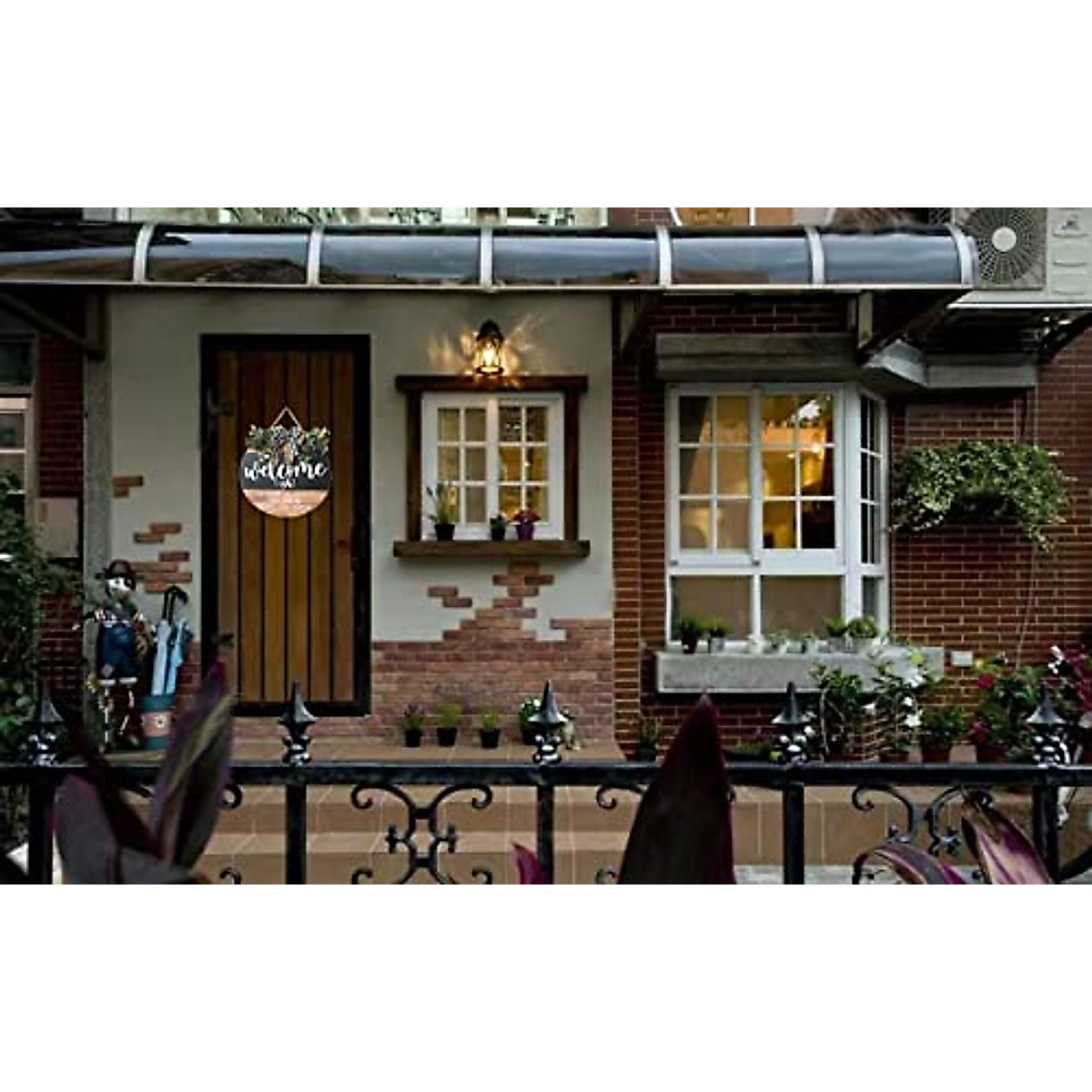 Welcome Sign for Front Door Home Decor Gifts, Round Wreath Wall Hanging Outdoor Porch Farmhouse, for All Seasons Valentines Day Christmas (C-dark brown)