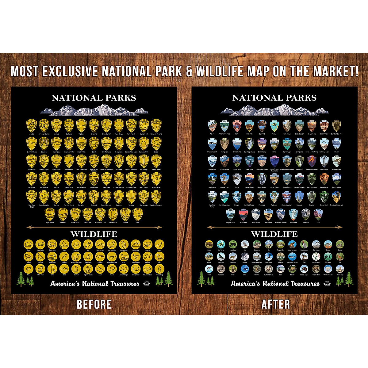 Bright Standards National Parks Scratch Off Map of United States Poster [Includes Wildlife], National Parks Map, US Travel Maps, USA Gifts for Travelers Road Trip Adventure, Fits 16”x20” frame