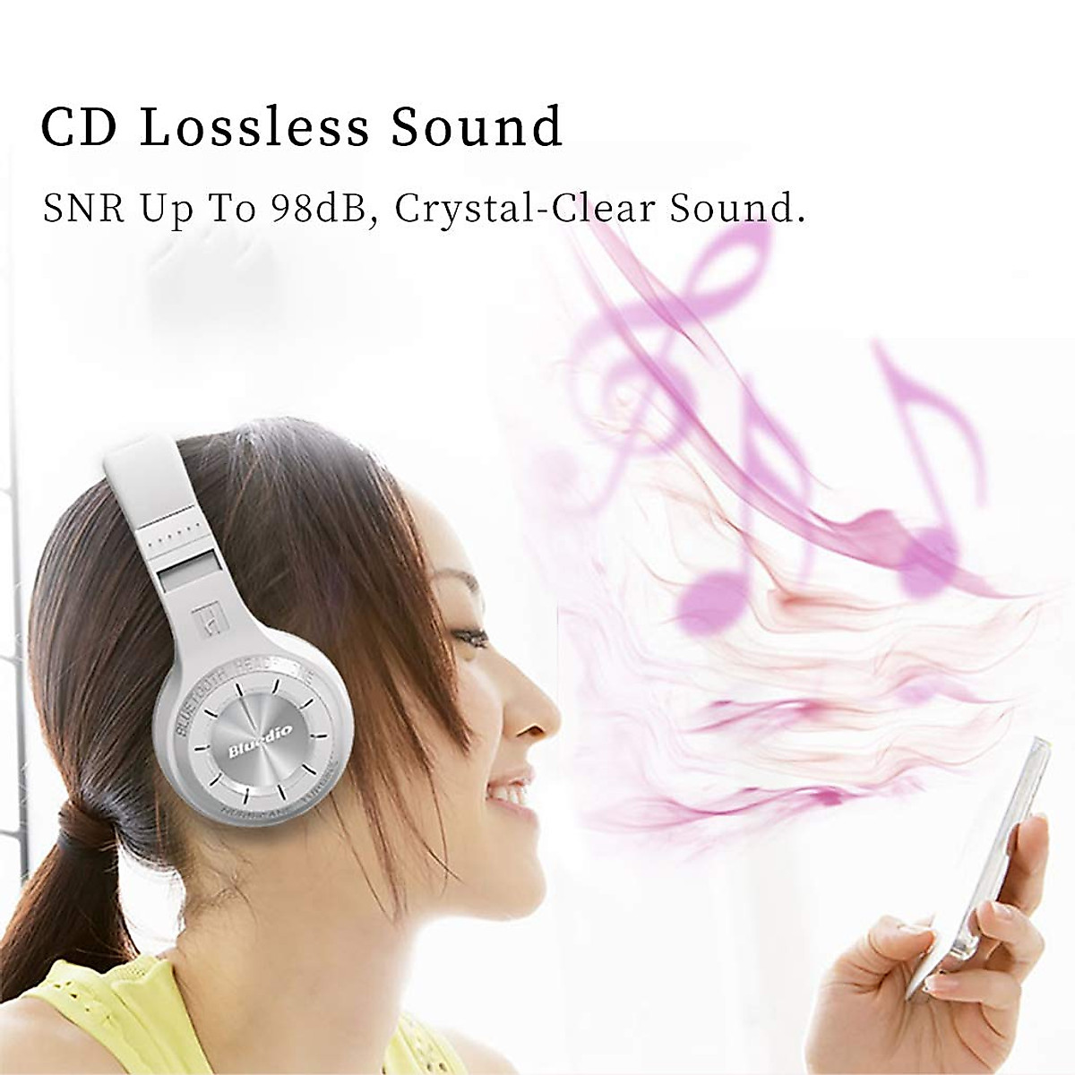 Bluedio Bluetooth 5.0 Headphones Over Ear, Wireless and Wired Bluetooth On-Ear Stereo Earphones Noise Cancelling Headsets with Microphone, Line-in/Line-Out//Voice Contrl (White)