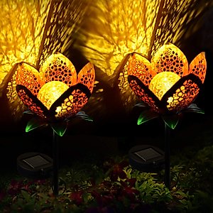 Firlar Garden Solar Lights Outdoors, 2pack Pathway Hollow Flower Stake Lights Waterproof Landscape Led Decorative Light for Patio, Walkways,Courtyard, Path,Yard, Lawn(Warm White)