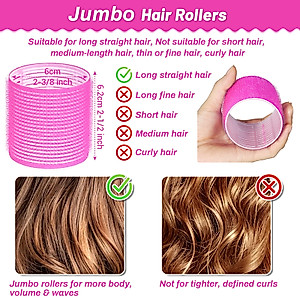 Jumbo Hair Curlers Self-Grip Rollers, 60mm Large Rollers with Clips for Long, Thick Straight Hair (Rose Red) - Hair Curlers Rollers