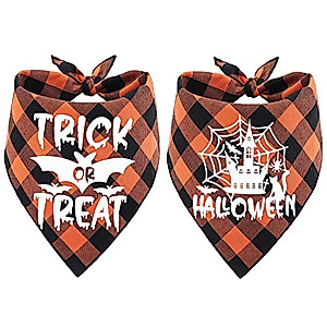Glow in The Dark Halloween Dog Bandana Scarf, 2 Pack Holiday Fall Dog Bandanas Plaid Triangle Reversible Scarves Bibs for Small Medium Large Dogs Pets