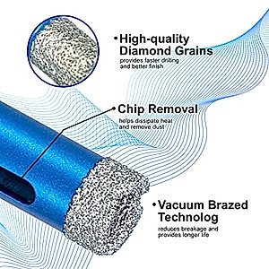 SALI Diamond Core Drill Bits Set 5pcs Tile Hole Saws Vacuum Brazed Hole Saw with 1/4 Inch Hex Shank for Glass Ceramic Porcelain Tiles Marble Brick Granite Quartz Fit Angle Grinders and Drill