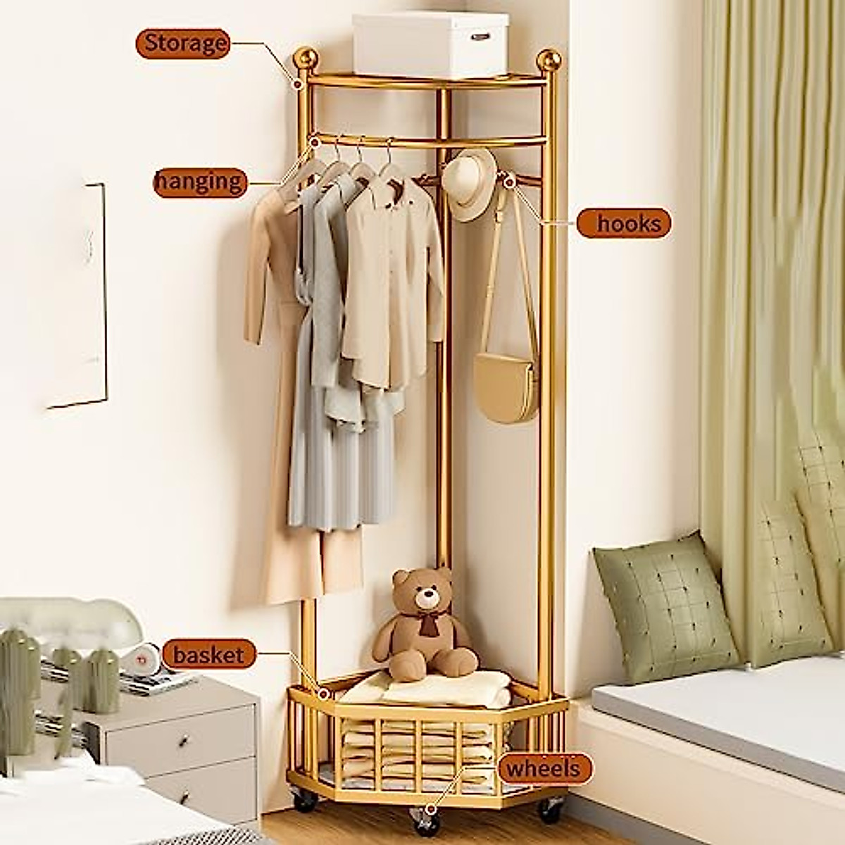 KDFWYDS Metal Coat Rack with Wheels Freestanding Closet Organizer with 2 Storage Shelves Corner Hall Tree for Entryway, Bedroom (Color : White, Size : 100 * 32 * 175CM)