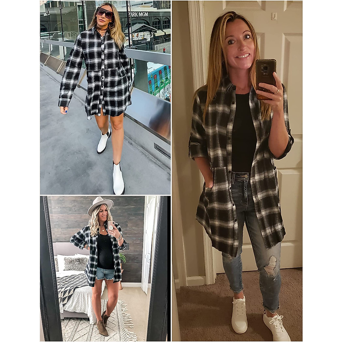 HOTOUCH Womens Flannel Plaid Shirts Roll Up Long Sleeve Pockets Mid-Long Casual Boyfriend Shirts Black and White L