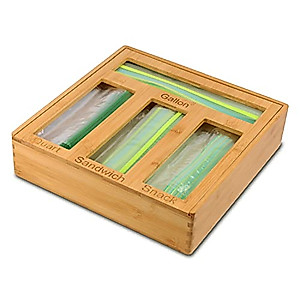Hencoz Bamboo Ziplock Bag Organizer for drawer - Fits Gallon, Quart, Sandwich & Snack ziploc bags storage box with 4 compartments Suitable any brand Great kitchen organization (Hen001)