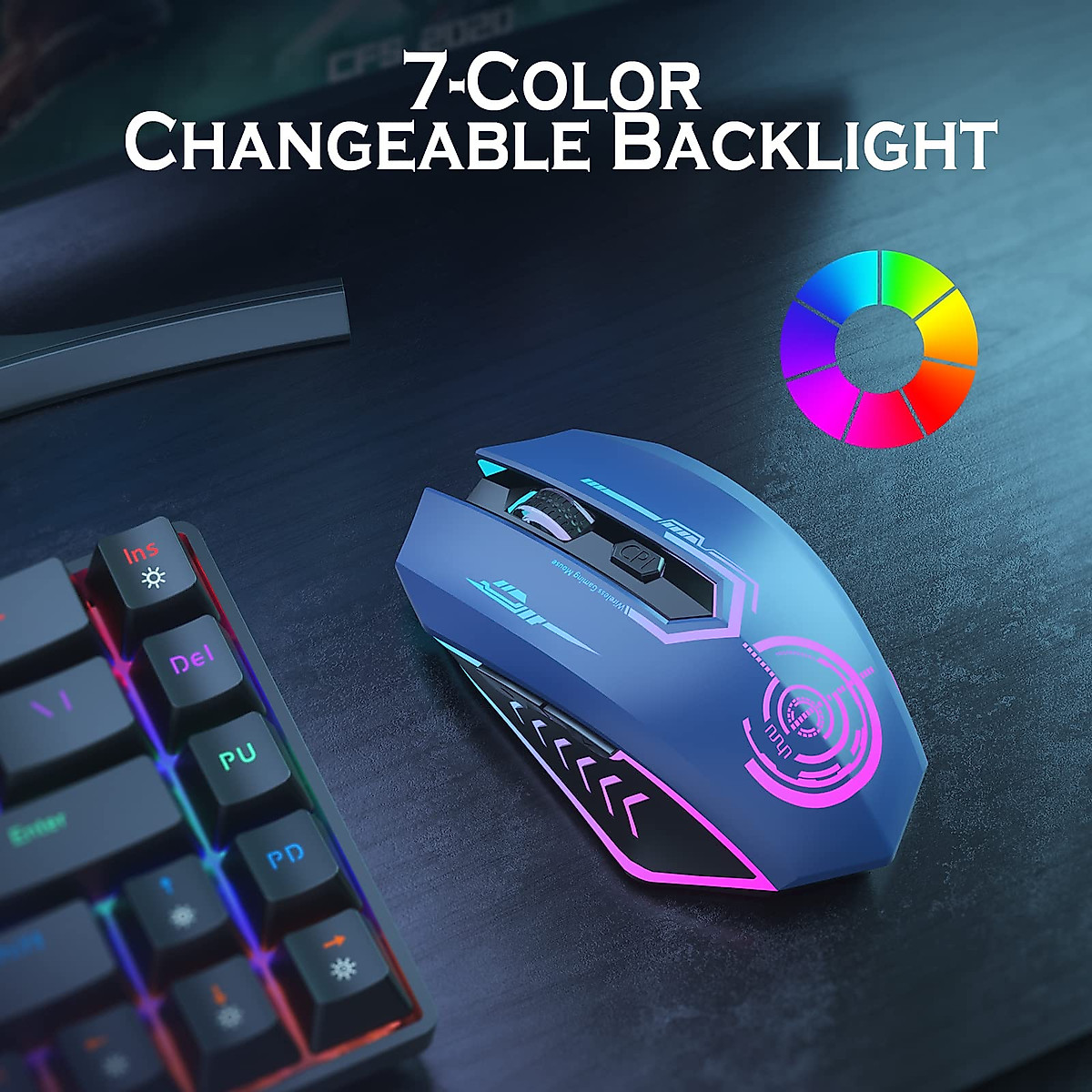 UHURU Gaming Mouse, Wireless Gaming Mouse with 6 Buttons 7 Changeable LED Color up to 10000 DPI, Rechargeable USB Gamer Mouse for PC Laptop (Blue)