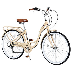 MEGHNA Cruiser Bike Low Step-Through 26inch Commuter Bike V - Brake 7 Speed Shifter Driven City Bike for Women Senior Men (Beige)