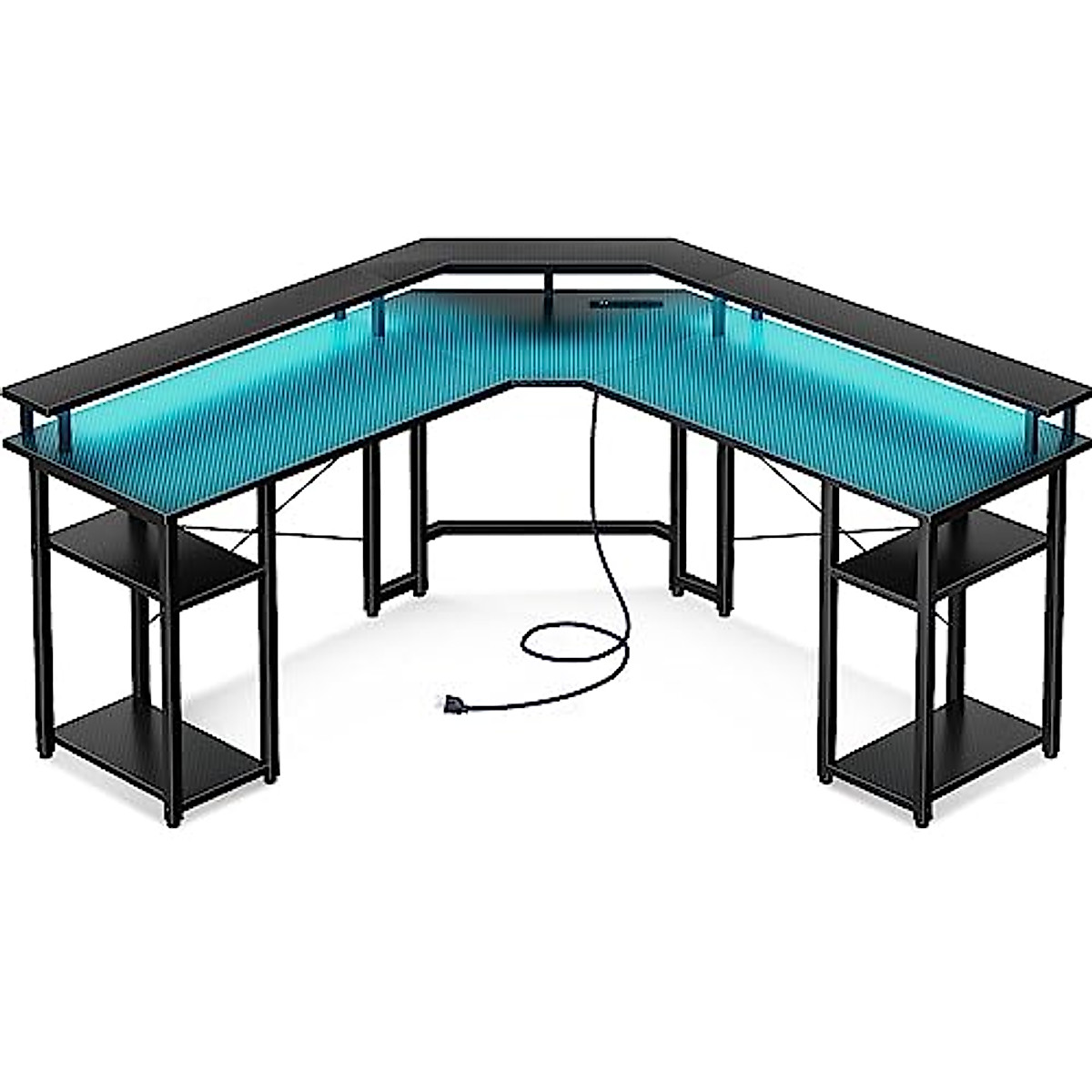 Coleshome L Shaped Gaming Desk with LED Lights & Power Outlets, Reversible 56" Computer Desk with Full Monitor Stand & Storage Shelves, Ergonomic Home Office Corner Desk, Black Carbon Fiber