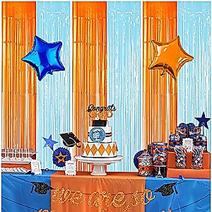 Blue Orange Fringe Curtains Photo Backdrop for Graduation Birthday Baby Shower Party Decor (3 Pack)