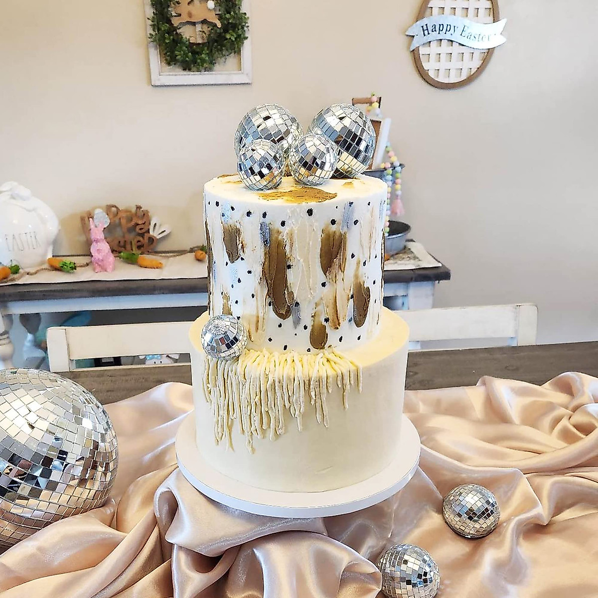 48 PCS Mirror Ball Cake Decorations - Reflective Ornaments for 70s Disco Themed Parties, Christmas Trees & Dance Music