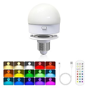 Cadrim Rechargeable Light Bulb, Battery Operated Emergency Lamp with Remote LED Bulbs Detachable Charging Wall Sconce 3 Color, RGB, Timer, Dimmer, E26/E27, for Non-Hardwired, Power Outage, 1 Pack