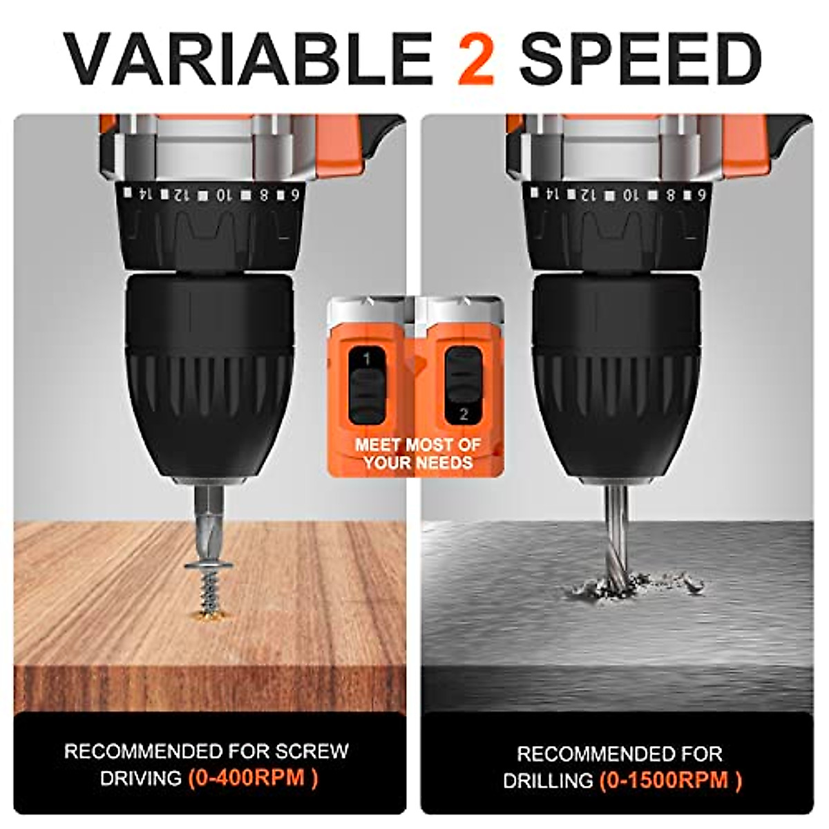 Myron 21V Cordless Drill Set, Power Drill Kit with 2Ah Li-Ion Battery & Charger, 3/8-Inch Keyless Chuck, 320In-lbs Torque, 2 Variable Speed, 18+1 Position, 0-1500RMP Variable Speed, Built-in LED Light