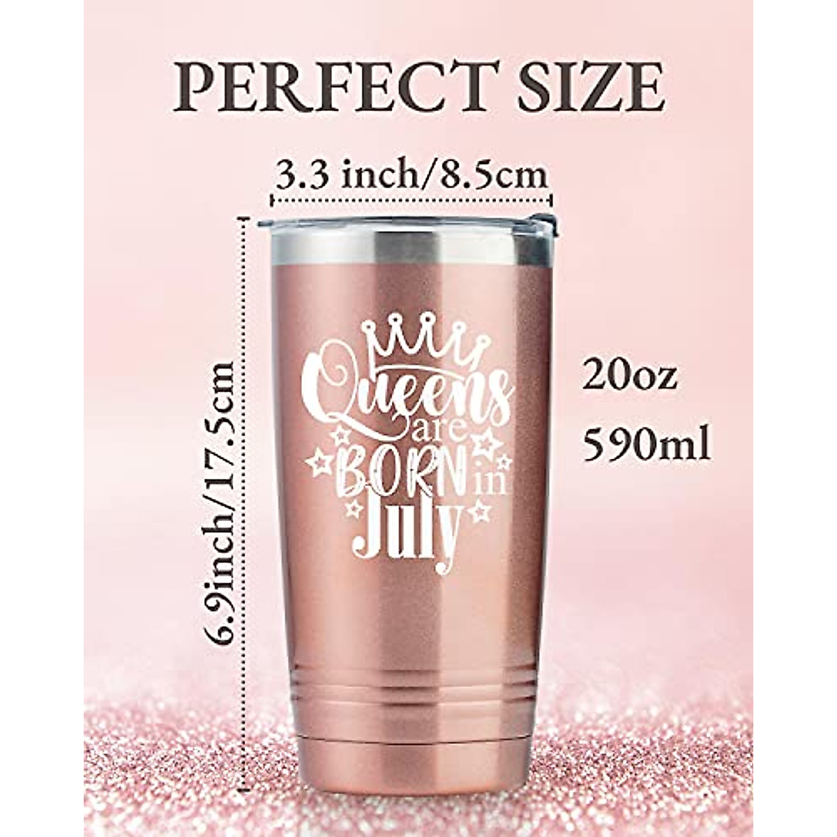 Onebttl Happy Birthday Tumbler for Women, Funny Birthday Gifts for Her, Girlfriend, Friends, Wife, Mom, Daughter, Sister, 20 oz Stainless Steel Cup with Lid, Rose Gold, Queens are Born in July