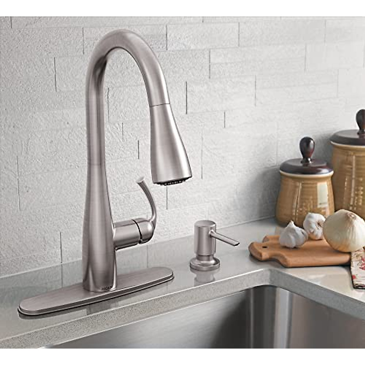 Moen 87014SRS Essie Pull-Down Sprayer Kitchen Faucet in Spot Resist Stainless with Soap Dispenser, Spot Resist Stainless
