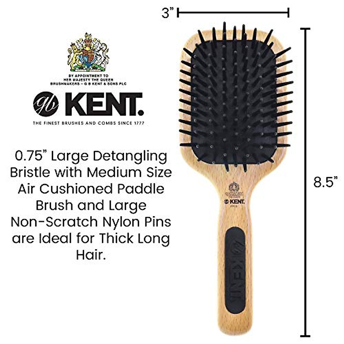 Kent PF19 Beechwood Cushion Paddle Brush - Scalp Massager and Detangler Brush - The Hair Brush for Thick Hair - Scalp Massager Hair Growth Stimulator - Hair Detangler Brush and Curly Hair Brush
