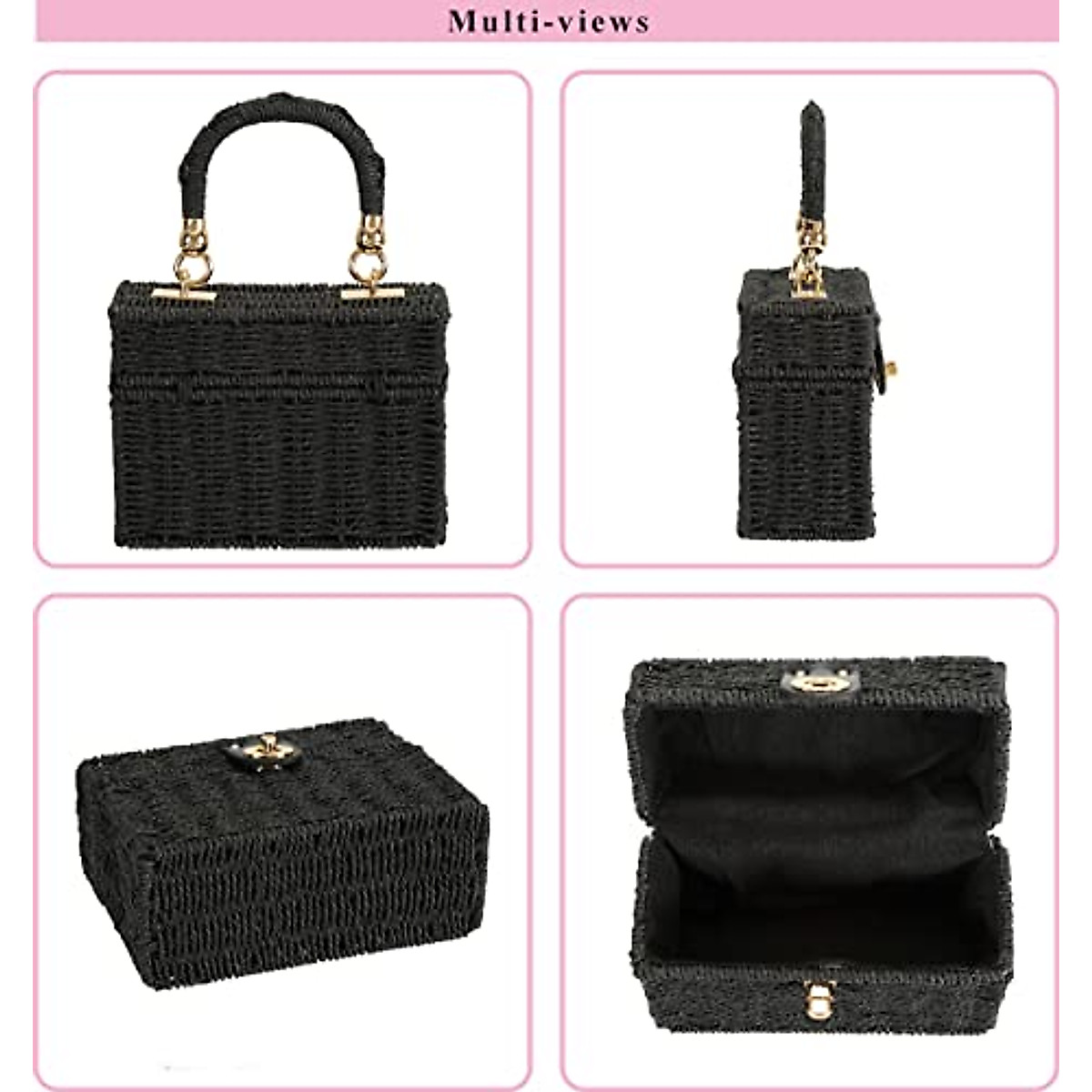 TaiGuri Women's Handmade Straw Rattan Woven Chain Purse Handbag Tote Shoulder Bag Black