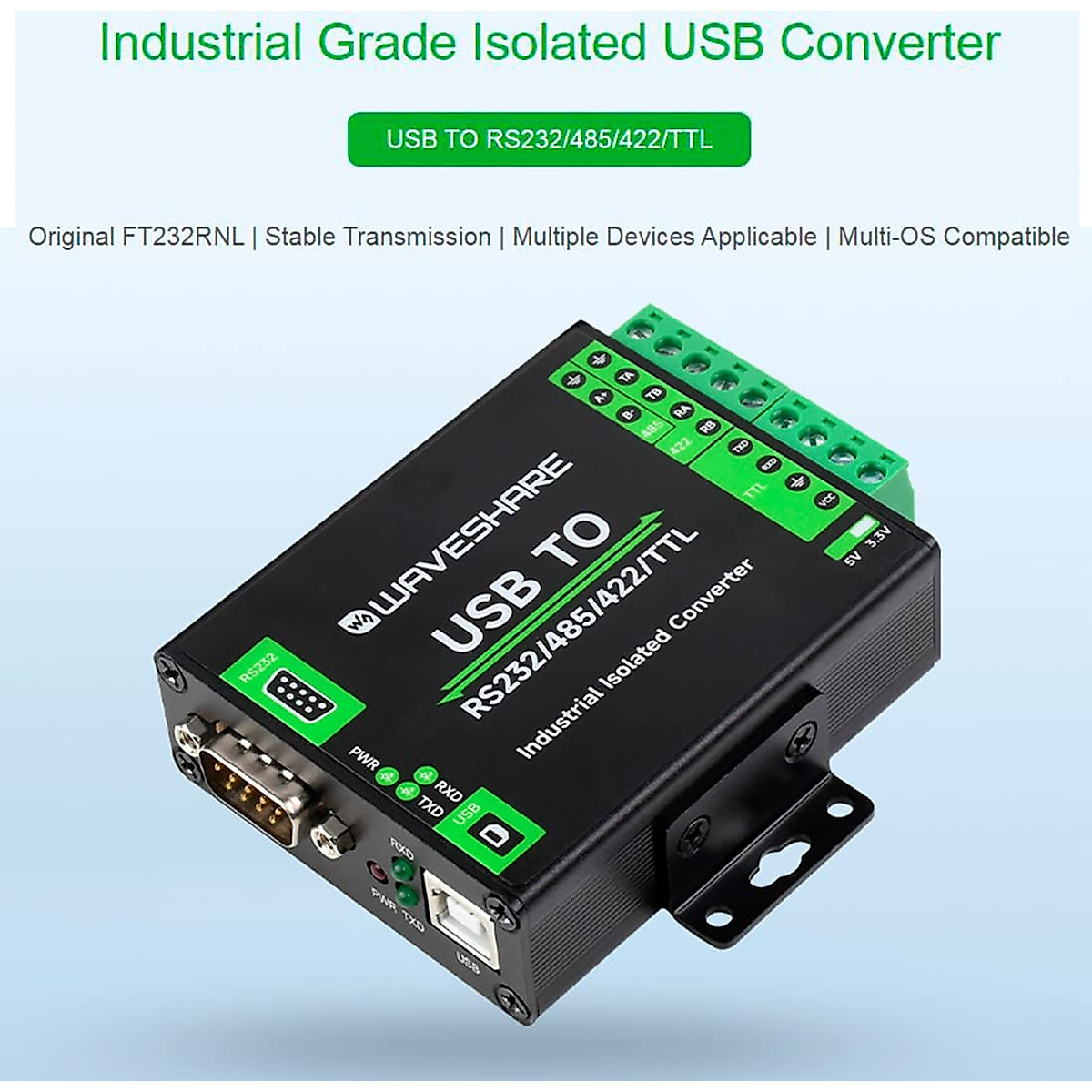 USB to RS232/485/422/TTL Converter with FT232RNL Chip, Industrial Isolated USB Adapter with Multiple Protection, Support Multi Devices and Android, Windows 11 / 10 / 8.1 / 8 / 7, Etc Multi System
