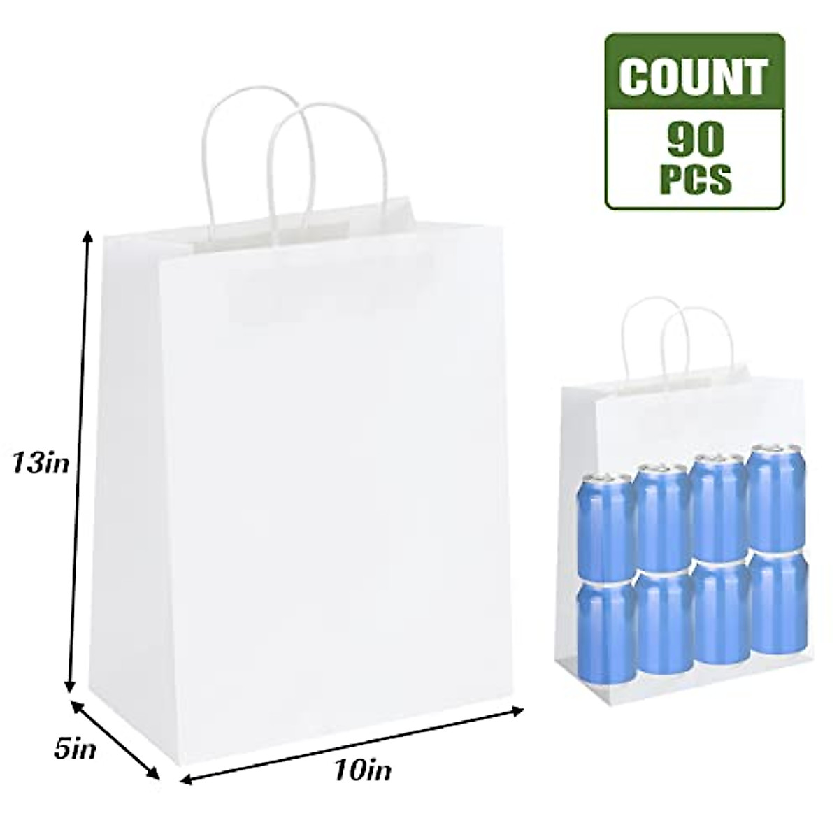 Moretoes 90pcs White Paper Bags with Handles 10x5x13 Inches Kraft White Gift Bags with Handles Bulk, Shopping Bags, Retail Bags for Small Business, Birthday Wedding Party Favor Bags